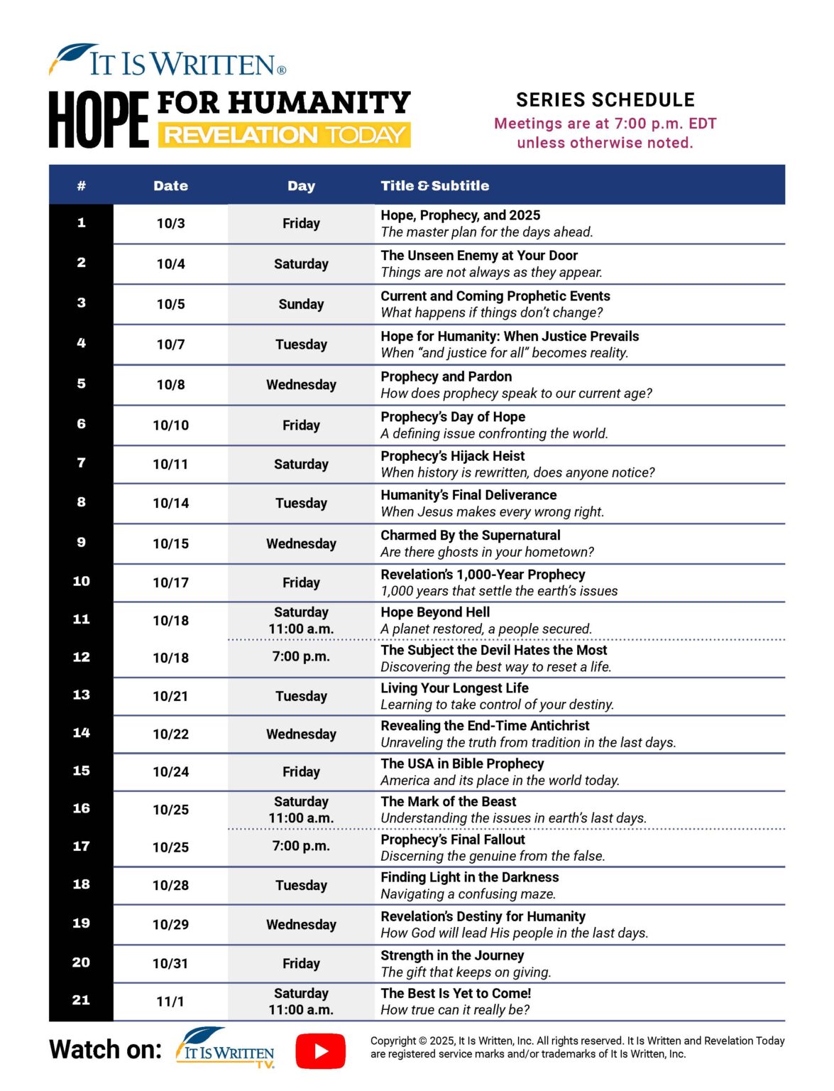 Hope for Humanity Schedule – It Is Written's Blog